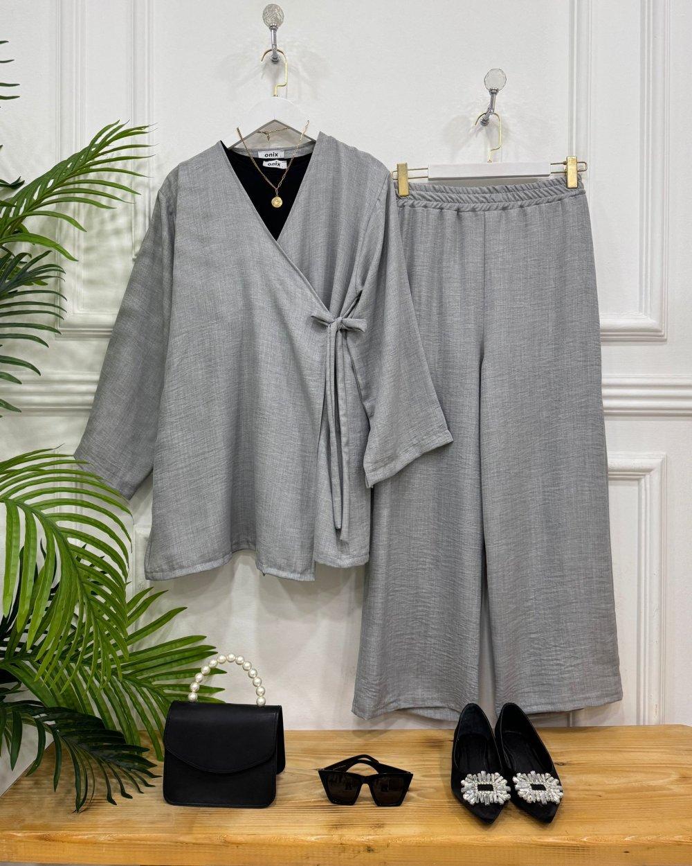 Mumpy Kimonalı İkili Takım gri yeni sezon tesettür giyim