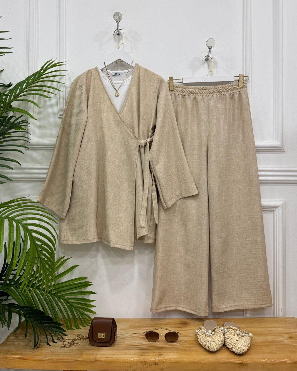 Mumpy Kimonalı İkili Takım taş rengi yeni sezon tesettür giyim